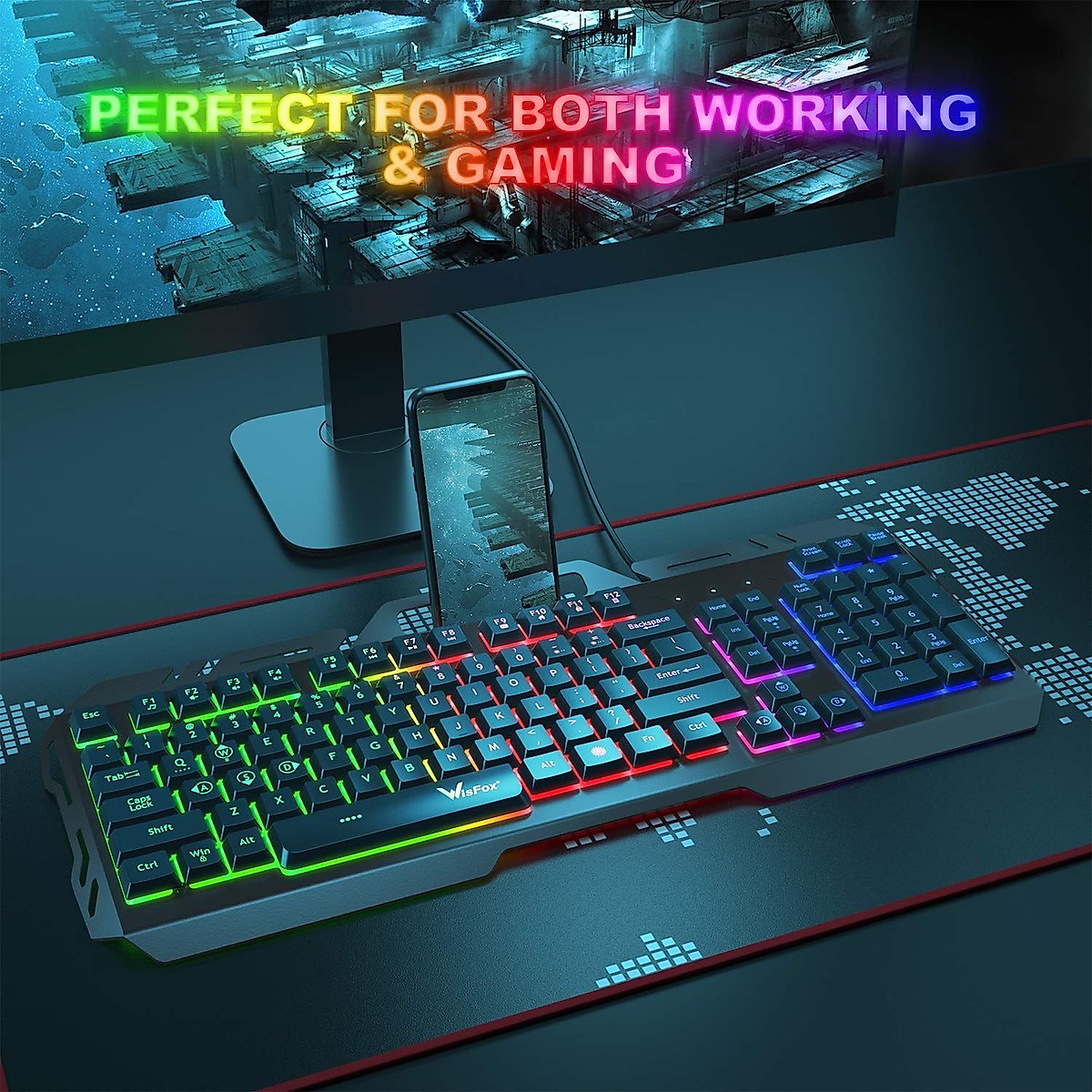 Gaming Keyboard, WisFox Colorful Rainbow LED Backlit Wired Computer Gaming Keyboard with 104 Keys, USB Wired Keyboard and Spill-Resistant for Windows PC Gamers Desktop PS4 (Renewed)