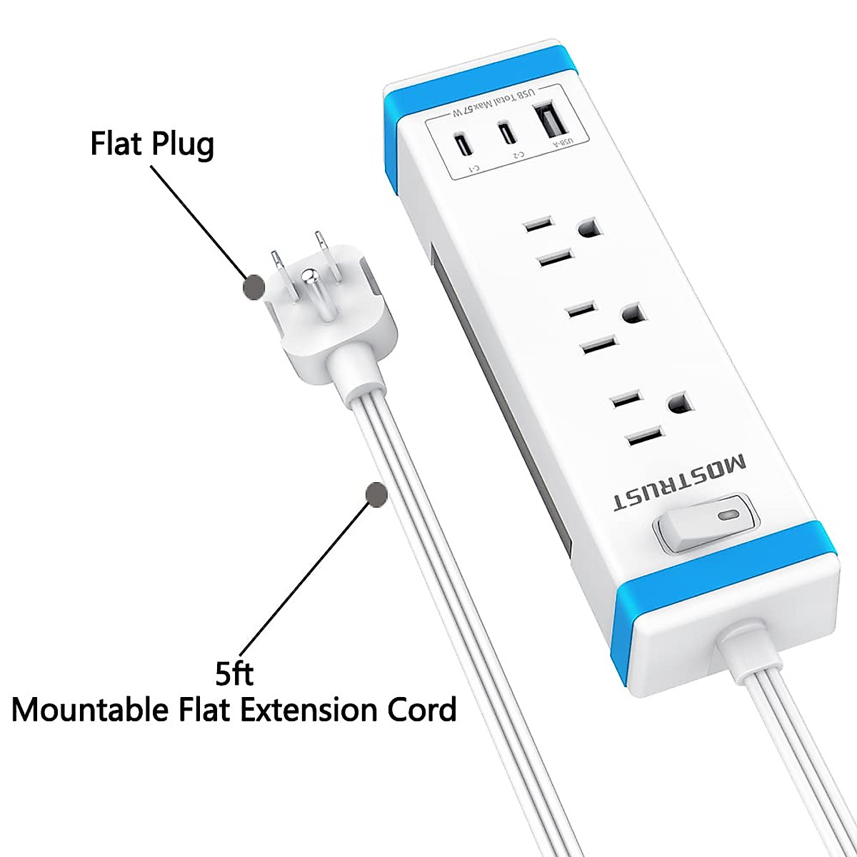 Mostrust 3-Outlet Power Strip, White, 5 Feet