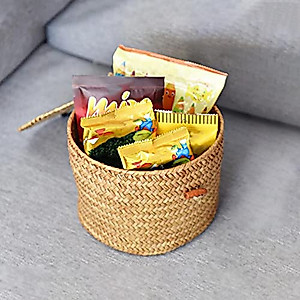 Decorative Wicker Storage Bins with Lids Woven Rattan Seagrass Storage Basket Round Household Organizer Boxes for Organizing Shelves Bathroom Bedroom