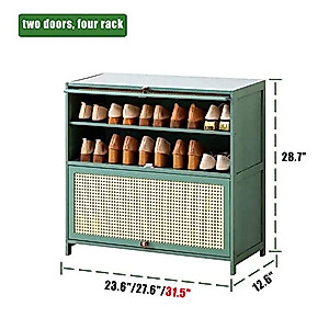 QQXX Bamboo Shoe Cabinet,Modern Entryway Shoe Storage Cabinet with Rattan Doors,Flip Shoe Rack Cabinet Shoe Organizer,Premium Storage Cabinet for Hallway Bathroom Kitchen(4tiers-31.5", Green)