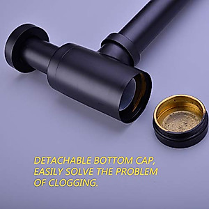 TRUSTMI Bottle P Trap Brass Round 1 1/4 Inch Decorative P-Trap, Adjustable Bathroom Basin Sink Waste Drain Kit, Wall Drainage, Matte Black
