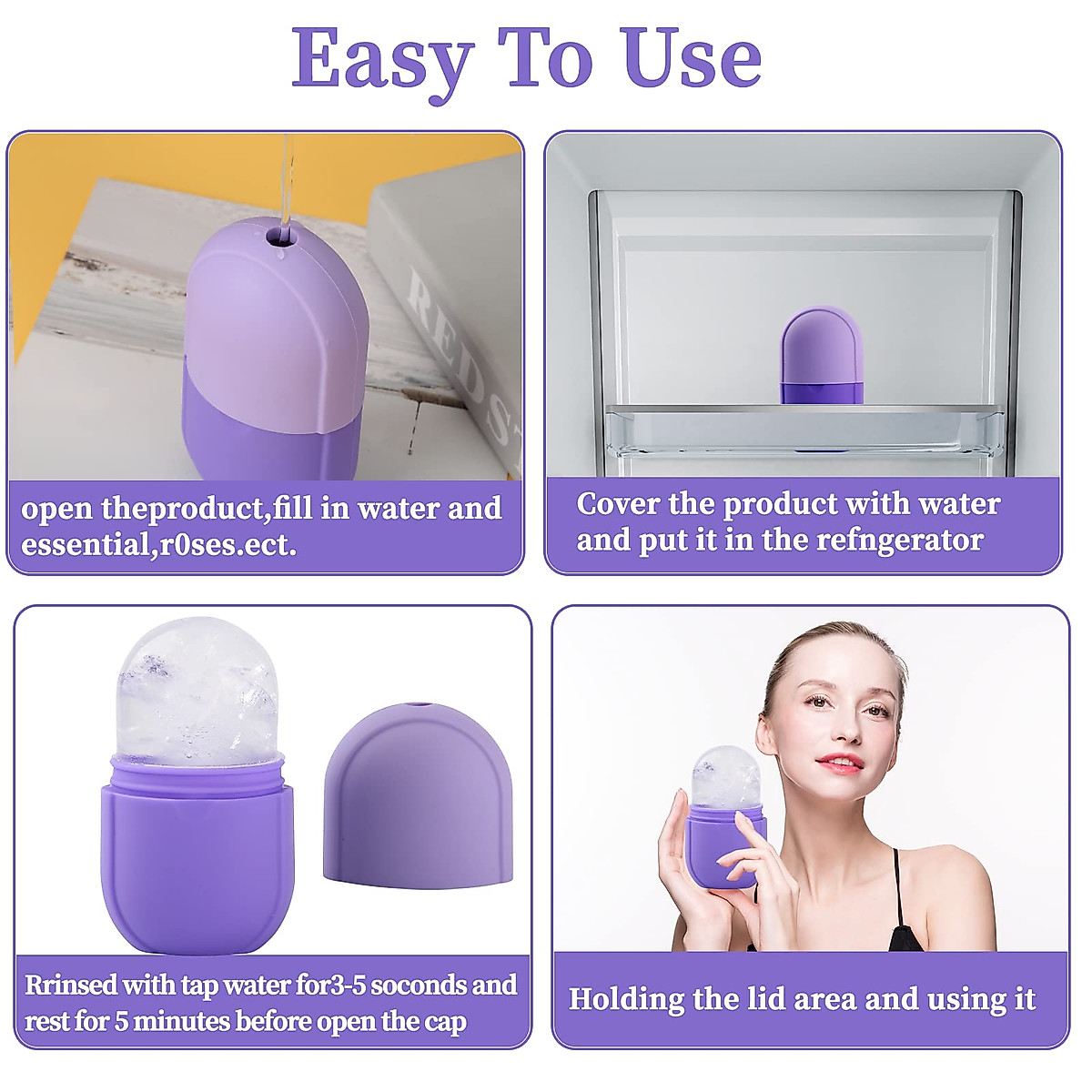 Ice Roller Mold-Ice Roller for Face and Eye，Beauty Cube Brighten Skin &Enhance Natural Glow &Remove Fine Lines，Facial Beauty Ice Roller Skin Care Tools (Oval, purple)