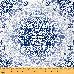 Bohemian Mandala Lotus Fabric Watercolor Exotic Boho Floral DIY Sewing Craft Hobby Fabric by The Yard Vintage Irregular Geometric Decorative Fabric for Upholstery and Home Accents,1 Yard