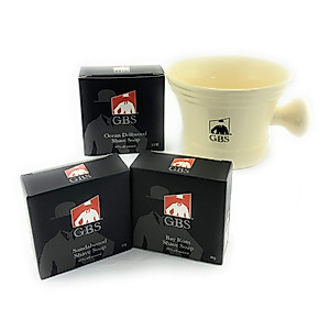 G.B.S Men's Ceramic Shaving Mug with Knob Handle and Pack of 3 Natural Soaps