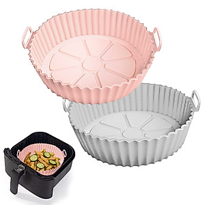 2 Pack Air Fryer Silicone Liners for 5 QT or Bigger,Silicone Air Fryer Liners Inserts,Replacement of Flammable Parchment Paper,Reusable Baking Tray Oven Accessories,Pink+Grey(Top8.66in, Bottom7.48in)