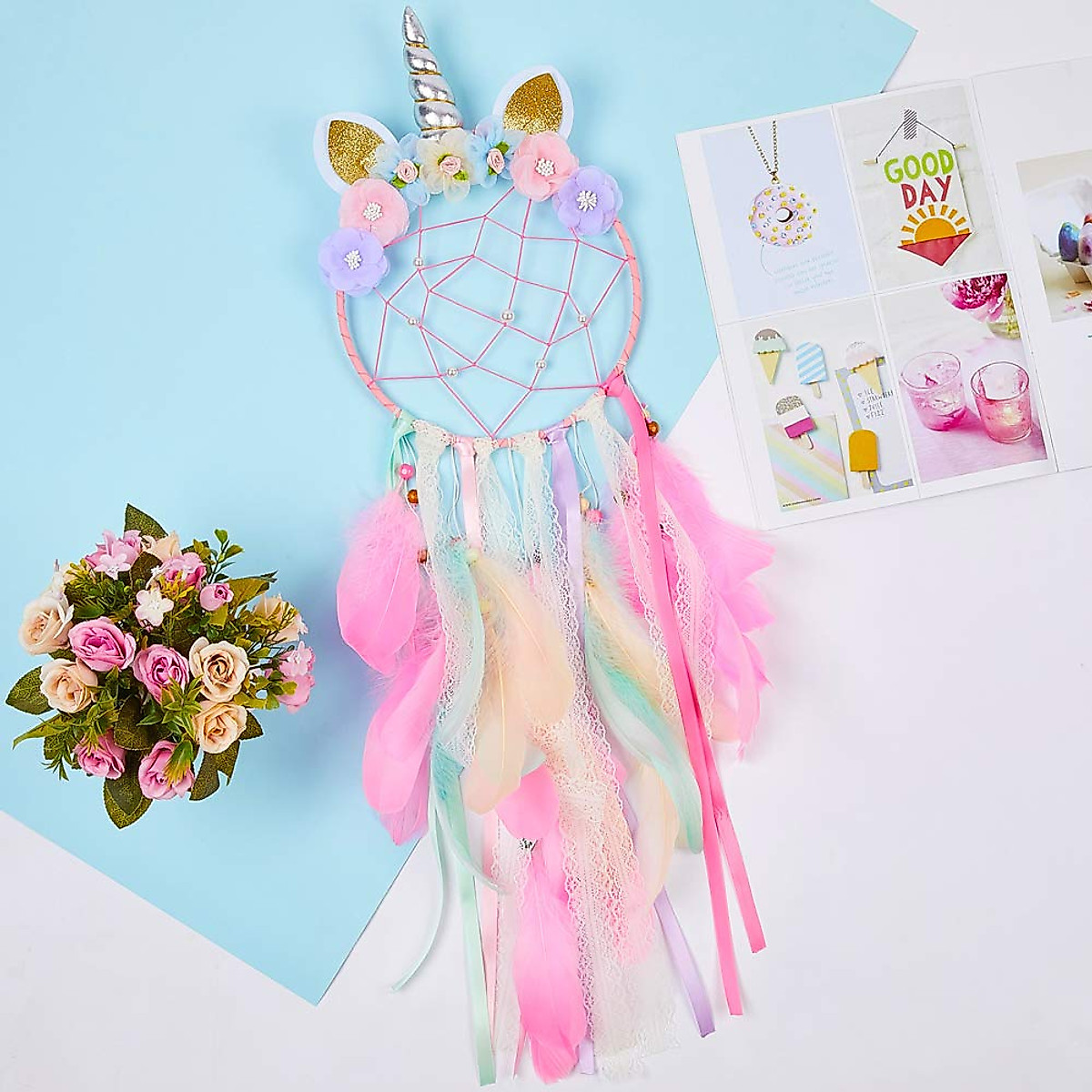 QtGirl Dream Catchers for Kids Unicorn Wall Decor for Girls Bedroom Flower Feather Wall Hanging Decoration