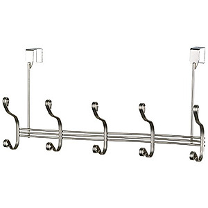 Home Basics Metal Over the Door Organizer, 5-Hook Rack for Coats, Hats, Robes, Towels, Bedroom, Closet, and Bathroom, Satin Nickel