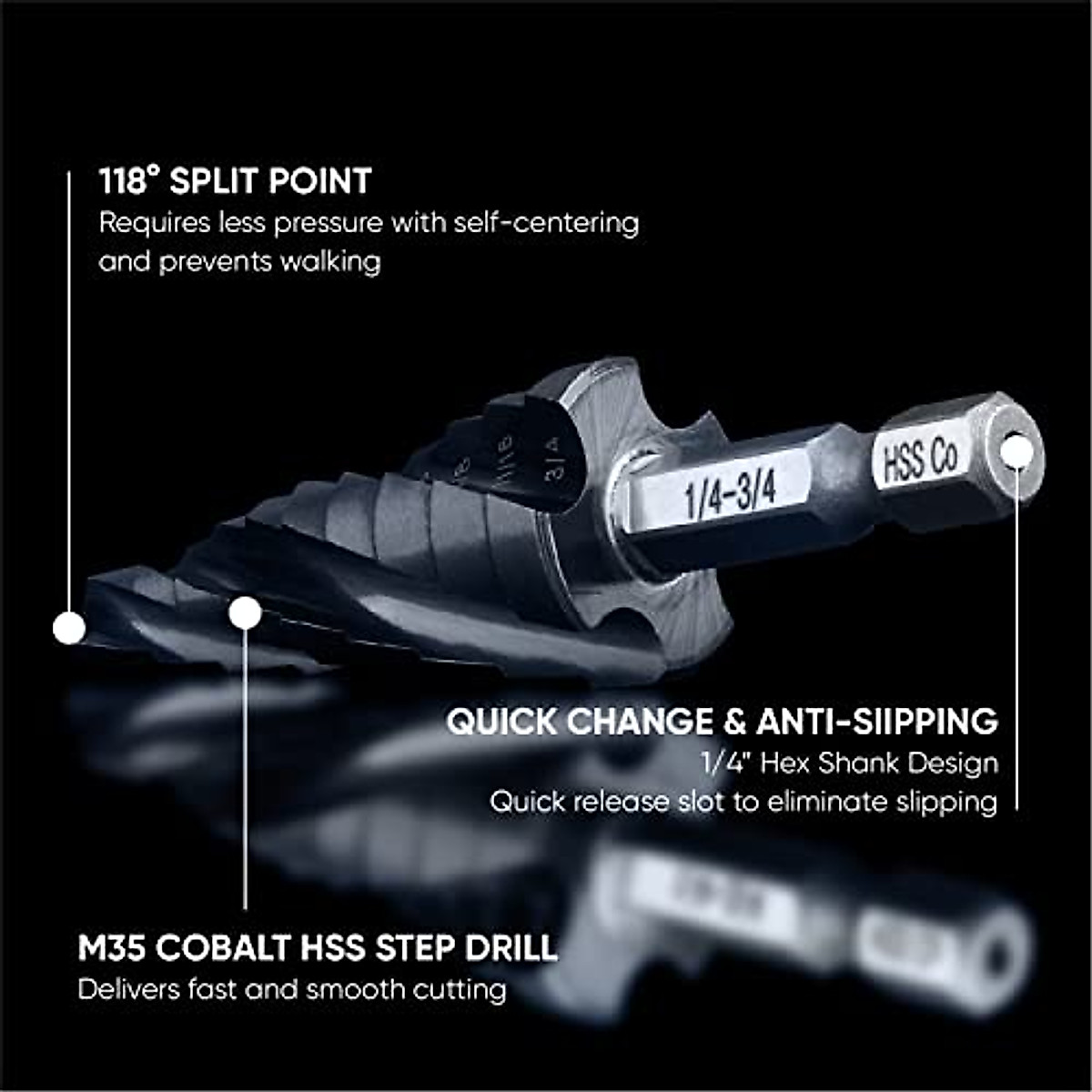 toolant Four Spiral Flute Cobalt Step Drill Bit(Pro Max), 1/4"-3/4" Impact Ready Unibit Step Drill Bit, 1/4" Hex Shank Step Bits for Metal, Stainless Steel, Aluminum, Wood, Plastic