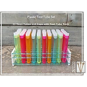 Test Tube Party Pack with Assorted Neon 5" Plastic Test Tubes, Caps and 50-hole Test Tube Rack w/Signature Party Picks