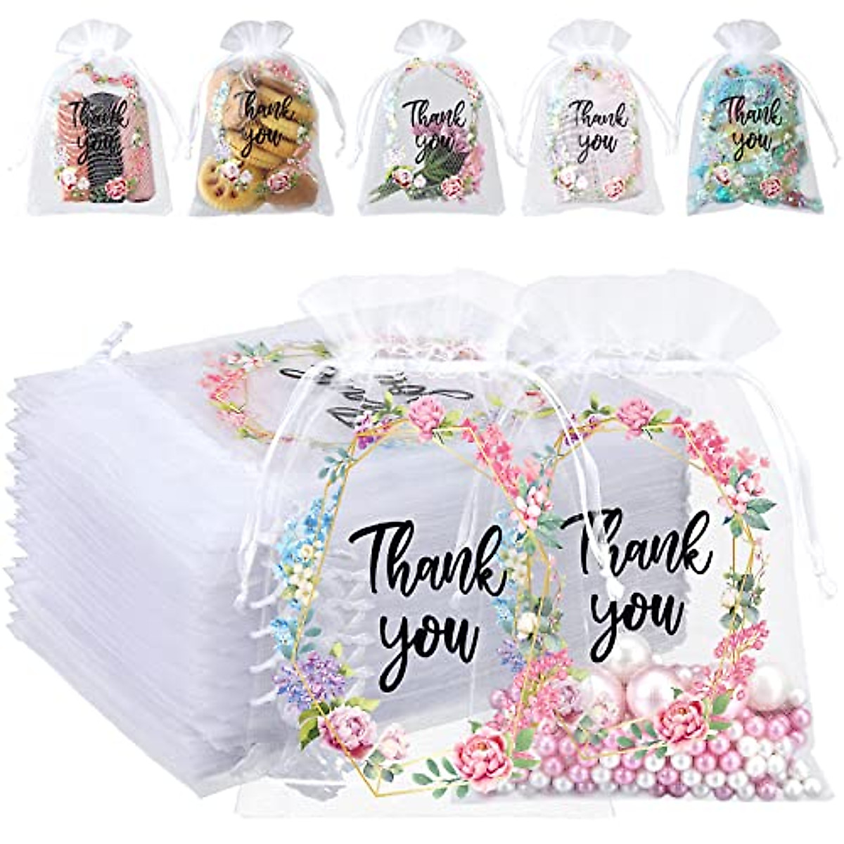 200 Pcs Thank You Bags Sheer Organza Bags 4x6 Inch Floral Design Small Thank You Gift Bags Bulk Jewelry Present Bags with Drawstring Mesh Wedding Party Favor Bags for Wedding Baby Shower Christmas