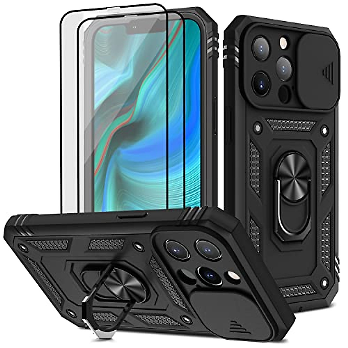 Pompvla for iPhone 13 Pro Max Case,with 2 Tempered Glass Screen Protectors,Built-in Magnetic Kickstand Ring Camera Cover,Military Grade Drop Protection Shockproof Heavy Duty Protective Man 6.7'' Black
