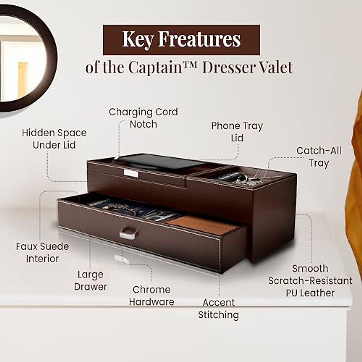 HOUNDSBAY Valet Tray and Nightstand Organizer - Hand Crafted EDC Tray with Phone Area, Cable Cutaway, Drawer – Durable, Scratch Resistant Materials - Compact Footprint with Ample Storage - Valet Box