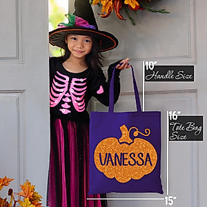 Customized Glitter Orange Pumpkin Halloween Trick or Treat Tote Bags, Goodie Bag (Black)
