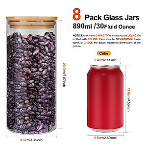 Glass Food Storage Containers Jars with Airtight Bamboo Lid 30oz 8pcs, 890ml Pantry Organization Jar, Glass Terrarium with Lid, Spice, Tea, Flour and Sugar Container, Canister Set for Kitchen Counter