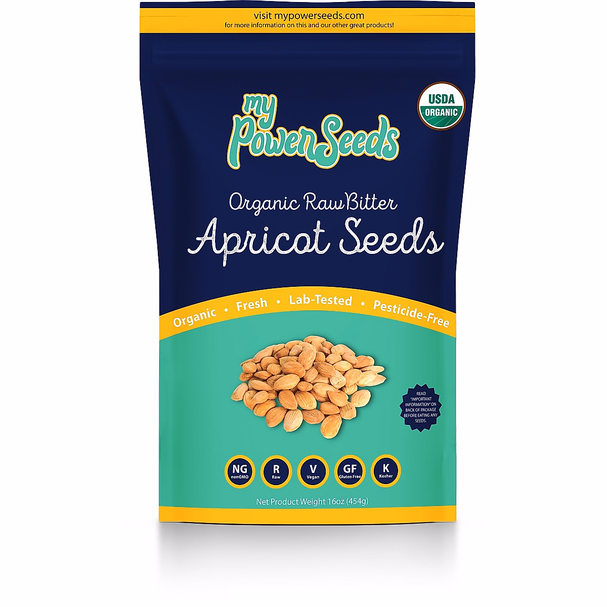 My Power Seeds Organic Raw Bitter Apricot Seeds I Non-GMO, Vegan, Gluten Free, Raw, and Source of Vitamins & Minerals I Rich in Vitamin E, Omega 3, and More! I (Apricot Seeds, 1LB Bag)