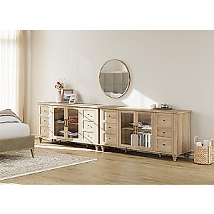 WAMPAT 116'' Farmhouse TV Stand for TVs Up to 110 inch,Glass and Wood Universal TV Stand with Storage Cabinets,White Entertainment Center for 32-110 inch TV Console Table,Oak