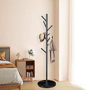 OIRUMIE Coat Rack with Natural Marble Base, Metal Freestanding Coat Rack, Stainless Steel Coat Rack Stand with 8 Hooks for Hanging Scarf, Bag, Jacket, Black Coat Hall Tree Hanger Holder Stand