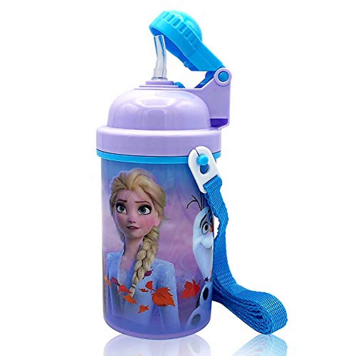 Zak Designs Disney Frozen One Touch Button Water Bottles with Reusable Built in Straw, Carrying Strap - Safe Approved BPA Free, Easy to Clean, for Kids Girls Boys, Goodies Home Travel