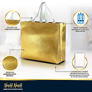 Nush Nush Gold Gift Bags Large Size – Set of 15 Reusable Gold Gift Bags With White Handles - Perfect As Christmas Gift Bags, Goodie Bags, Birthday Gift Bags, Party Favor Bags –13Wx5Dx11H