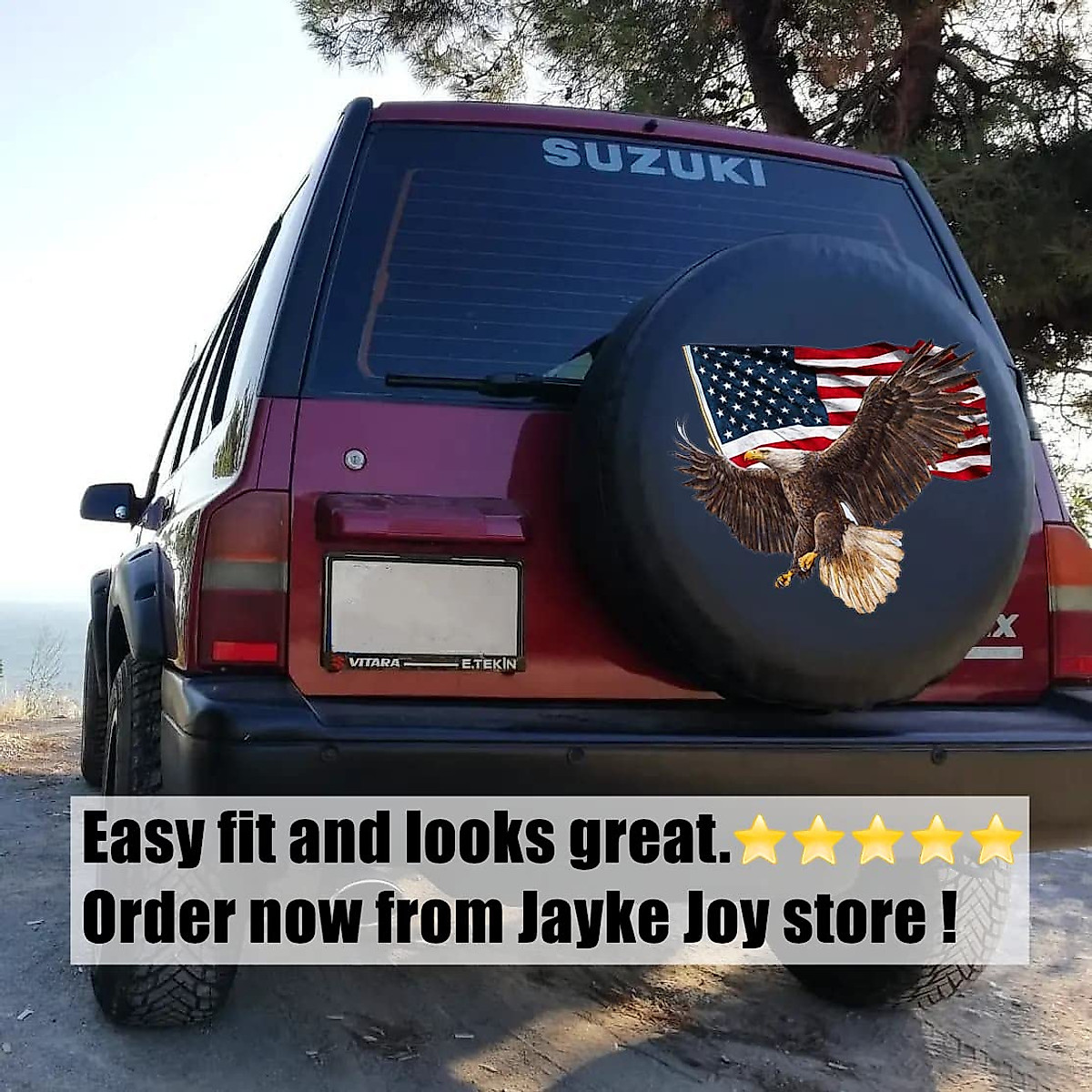Spare Tire Cover, Wheel Cover with American Eagle USA Flag PVC Leather Waterproof Dust-Proof Universal Fit for Jeep Trailer RV SUV Camper Vehicle (17 Inch)