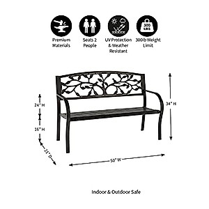 Plow & Hearth Weatherproof Tree of Life Outdoor Bench | Holds Up to 300 lbs | Garden Patio Porch Park Deck | Metal | Black