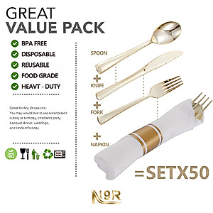 N9R 50 Pack Pre Rolled Gold Plastic Cutlery Set, Wrapped Plastic Silverware Set with 50 Forks, 50 Knives, 50 Spoons and 50 Napkins, Disposable Cutlery Set for Party and Wedding