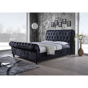 Baxton Studio Wholesale Interiors Castello Velvet Upholstered Faux Crystal-Buttoned Sleigh Platform Bed, Queen, Black