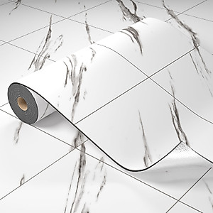 Oxdigi Vinyl Floor Tiles Peel and Stick 23"x 393"/64 Sq.Ft, Thicken Self Adhesive Vinyl Flooring Roll Marble Pattern Waterproof DIY Floor Coverings for Bathroom Living Room Kitchen, White Marble