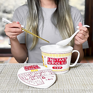The Cozy Maison Japanese Instant Noodles Cup Ramen Ceramic Bowl Set with Ceramic Spoon and Stainless Steel Chopsticks