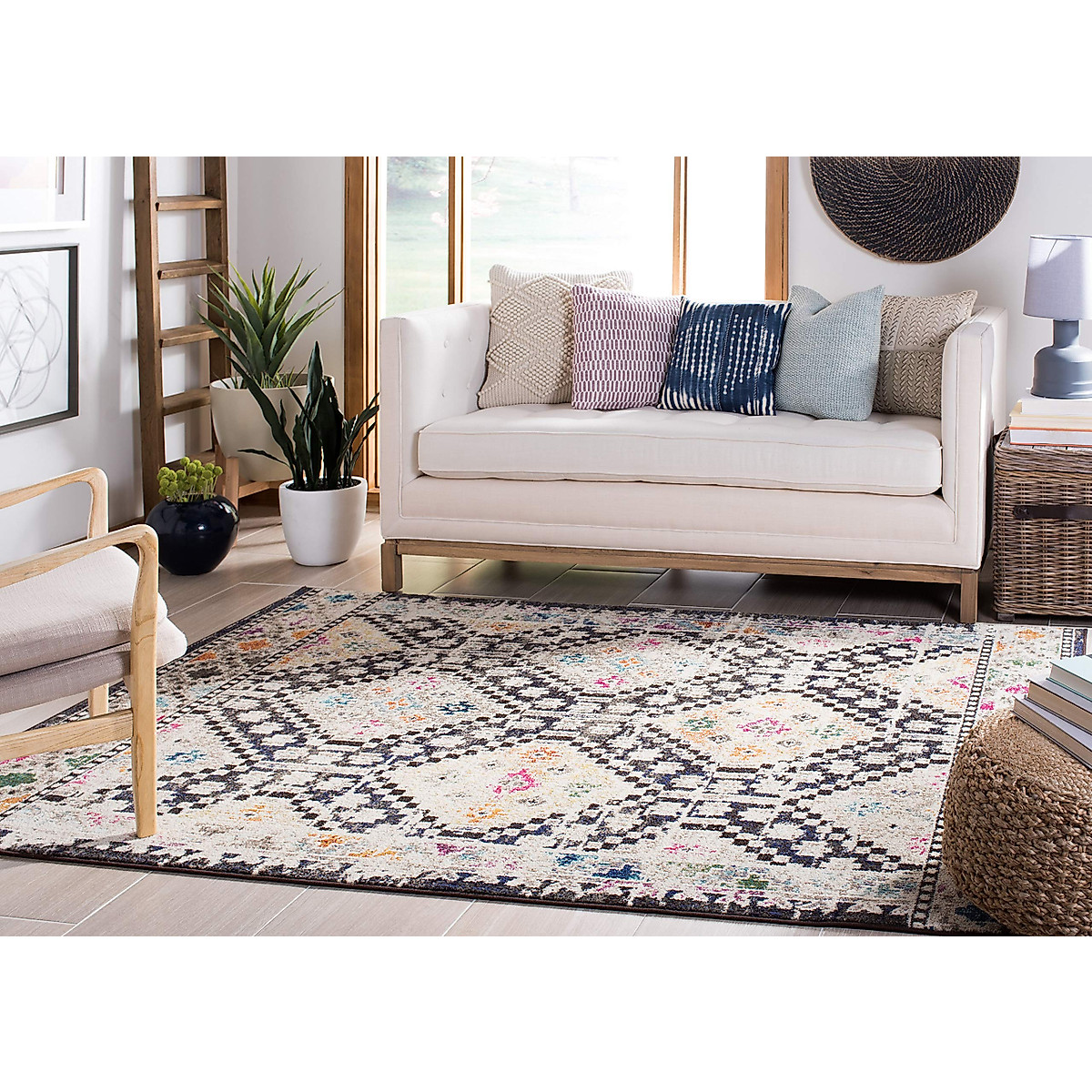 SAFAVIEH Madison Collection Area Rug - 8' x 10', Black & Yellow, Boho Diamond Distressed Design, Non-Shedding & Easy Care, Ideal for High Traffic Areas in Living Room, Bedroom (MAD418Z)