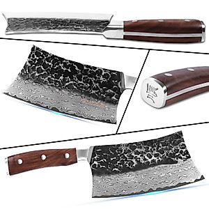 YOUSUNLONG Chopper Knife 7 Inch Meat Cleaver Butcher Axe Bone Chopper - Heavy Duty - Japanese Damascus thickened stainless steel - Natural Walnut Wood Handle