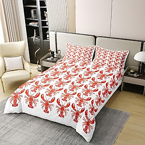 Erosebridal 100% Natural Cotton Red Lobster Duvet Cover, Shrimp Comforter Cover, Coastal Marine Life Quilt Cover Twin, Underwater Sea Wild Animals Bedroom Decor Bedding Set for Kids Adult