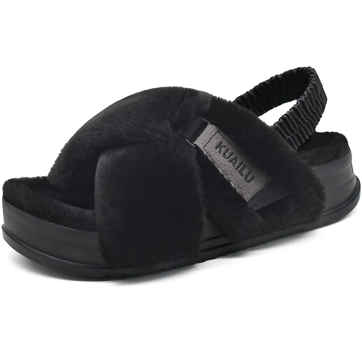 KuaiLu Womens Fuzzy Criss Cross Band Platform Slippers Back Strap Arch Support Furry Faux Fur Ladies Open Toe Slingback Slide Cozy Soft Plush Fleece Comfy House Shoes Sandals Indoor Outdoor Black 8