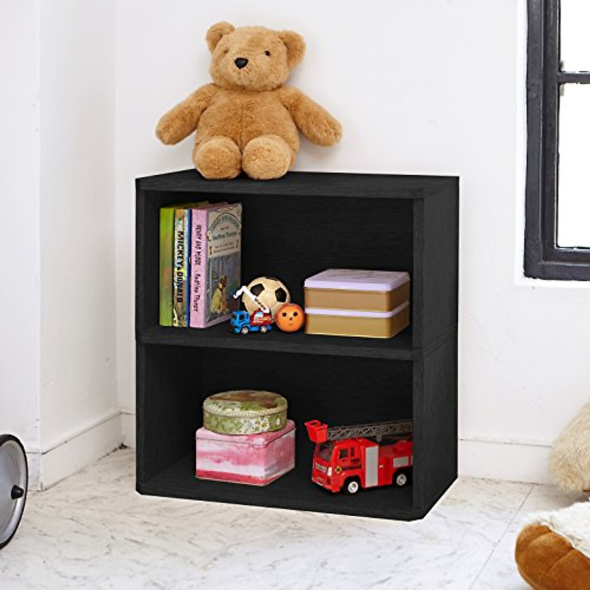 Way Basics Webster 2 Tier Bookshelf Display Storage and Organizer (Tool-Free Assembly and Uniquely Crafted from Sustainable Non Toxic zBoard Paperboard) Black, 12D x 22.8W x 24.7H in