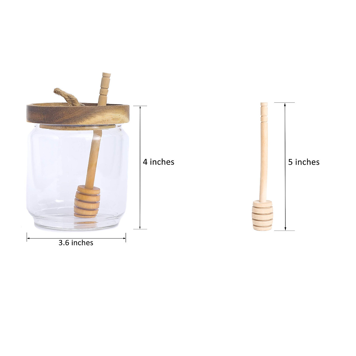 Honey Jar Pot Glass Holder Dispenser Set with Wooden Dipper Stick and Acacia Lid Cover for Home Kitchen, Clear, Modern Honey Syrup Glass Container for Storage Gift, Honey Pot and Drizzler (14 Oz)