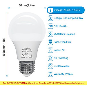 ORALUCE 12V LED Light Bulb Low Voltage,AC/DC 12-24V A19 E26 LED Bulb 60 Watt,6500K Cool White 12 Volt Light Bulb 6W,for Solar Battery System Lighting Marine Boat RV Camping Landscape Garden,6P