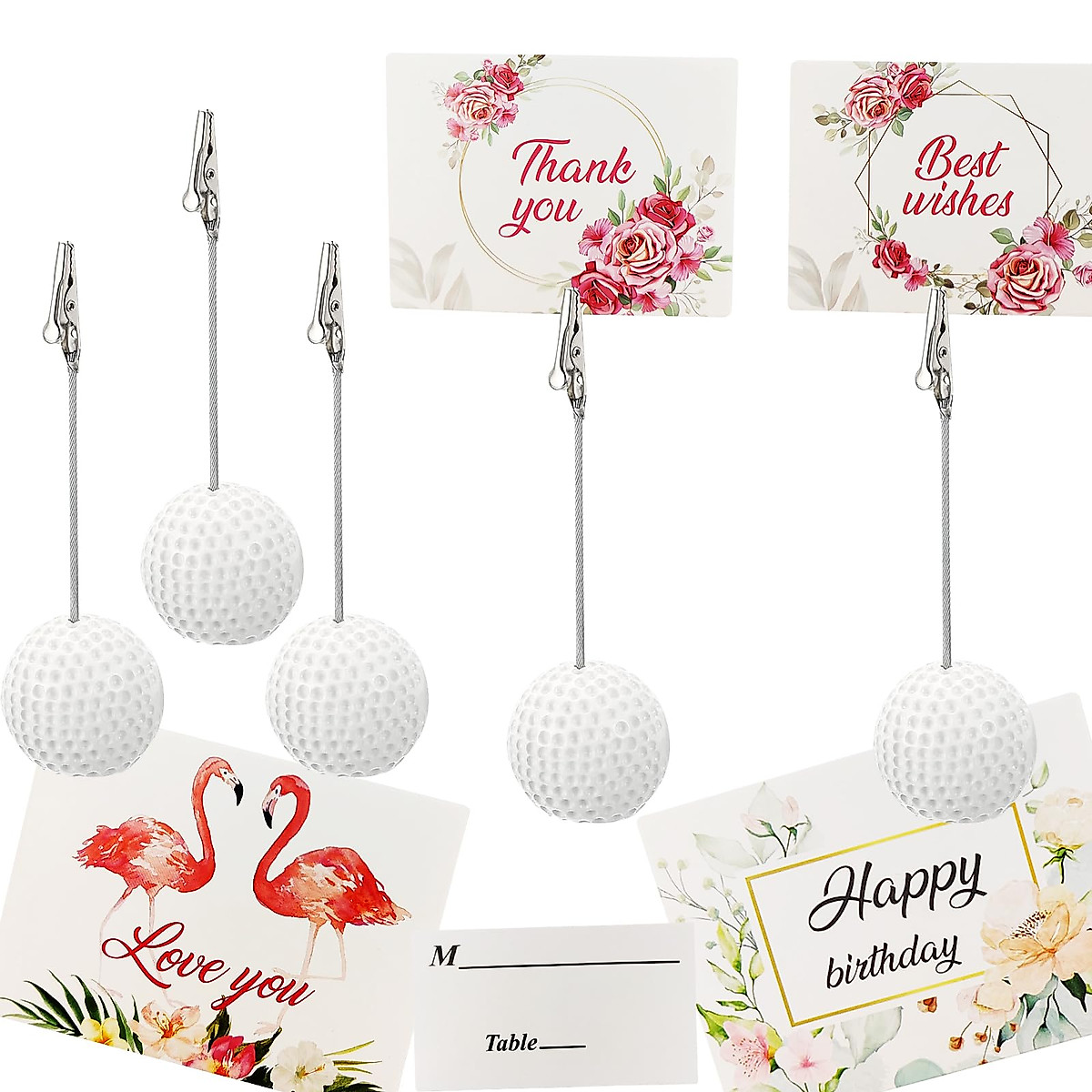 OBPSFY 5 Pack Place Card Holder - Golfball Resin Ball Base Memo Clip Holder Stand,Table Memo Number Name Card Holder with 16 Pcs Cards,Table Number Holders for Wedding Party Graduation Birthday