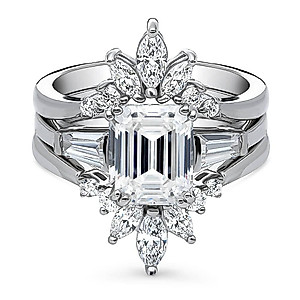 BERRICLE Sterling Silver 3-Stone Wedding Engagement Rings Emerald Cut Cubic Zirconia CZ 7-Stone Ring Set for Women, Rhodium Plated Size 5.5