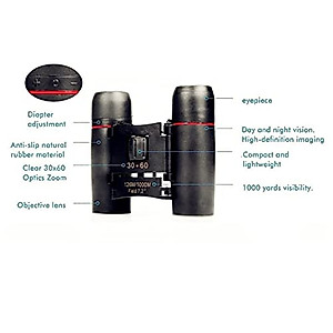 Portable Mini Binoculars,30x60 Zoom Wide View Angle Folding Binoculars Telescope with Low Light Night Vision for Outdoor Bird Watching Camping Hiking Traveling