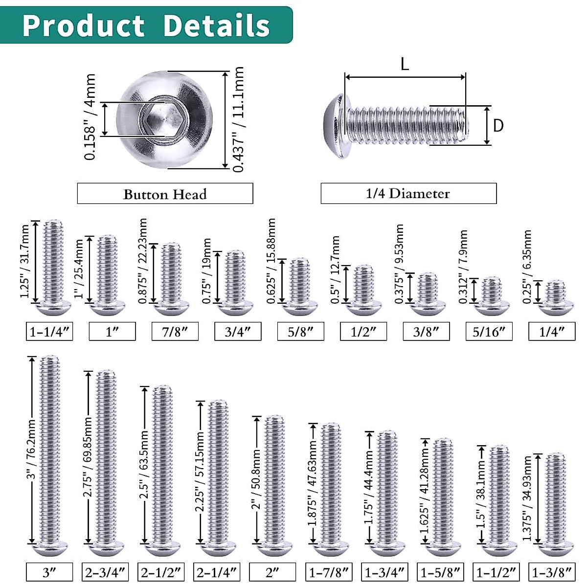 1/4-20 x 2-1/2" Button Head Socket Cap Bolts Screws, 304 Stainless Steel 18-8, Allen Hex Drive, Bright Finish, Fully Machine Thread, Pack of 20