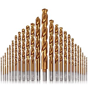 MulWark 25PC Titanium Nitride Coated Twist Drill Bit Set, 135° High Speed HSS Steel Jobber Drill Bits 1/6"-1/2" Straight Round Shank Drill Bits