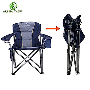 ALPHA CAMP Oversized Camping Folding Chair Heavy Duty with Cooler Bag Support 450 LBS Steel Frame Collapsible Padded Arm Quad Lumbar Back Chair Portable for Lawn Outdoor,Blue