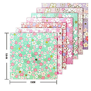 CUTBLAJAT 112 Sheets Heavier Origami Paper Japanese Cherry Blossom Pattern Sakura Bronzing Chiyogami 6" 15cm Washi Easy Fold Paper for Beginner