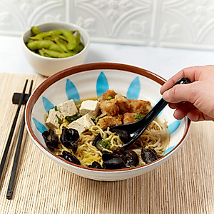 Nytana Japanese Style Large Ramen Bowl Set 60 Oz (10 Piece), 9 and Chopsticks with Spoons and Wood Stand, Ramen Noodle Bowls, Melamine Japanese Miso, Pho, Asian Cuisine, White, Blue, Brown