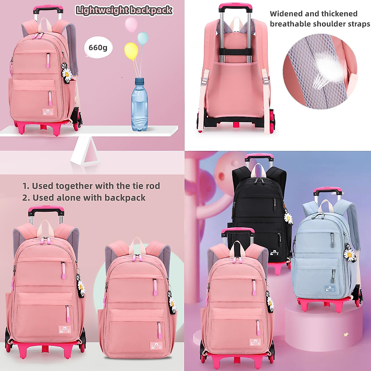 Rolling Backpack for Kids Elementary and Middle School Students with Wheel Travel Backpack Girls Solid Color School Bag