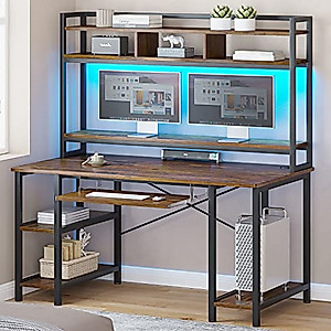 SEDETA Computer Desk, 55" Gaming Desk with LED Lights and Hutch, Computer Desk with Storage Shelves, Keyboard Tray & Monitor Stand, Home Office Desk, Gamer Desk PC Table, Rustic Brown