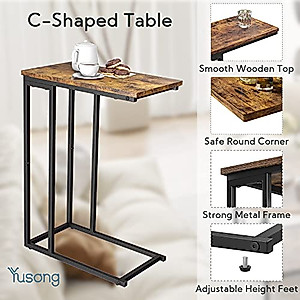 Yusong Small C Shaped End Table, Slim Couch Side Tables Slide Under Sofa Bed, Skinny Snack Tray Table for Coffee Laptop in Living Room,Easy Assembly, Rustic Brown