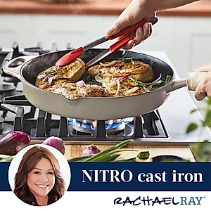 Rachael Ray NITRO Cast Iron Frying Pan/Skillet with Helper Handle and Pour Spouts, 12 Inch, Almond