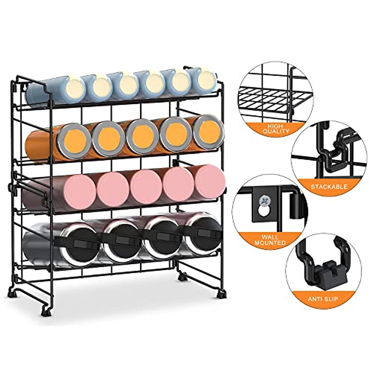 Kcysta Water Bottle Organizer, 4 Tier Adjustable Water Bottle Holder, Stackable Bottle Organizer, Water Bottle Storage for Countertop, Cabinet, Black