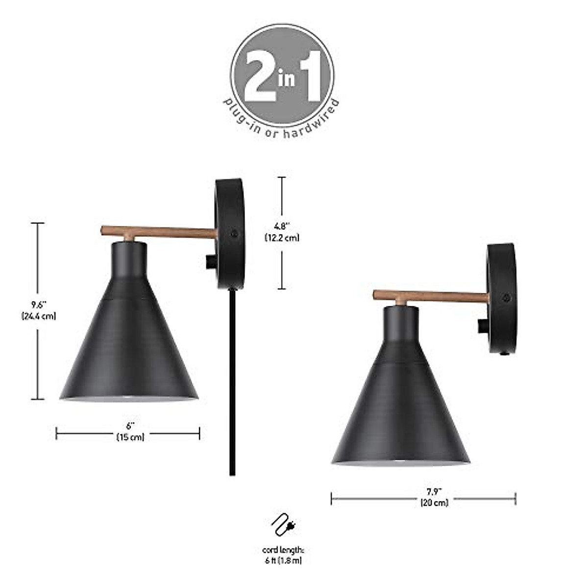 Globe Electric 51725 1-Light Dimmable Plug-in or Hardwire Wall Sconce, Matte Black, Faux Walnut Accent, Stepless Dimming Rotary Switch on Canopy, Black Fabric Cord, Wall Lights for Bedroom Plug in